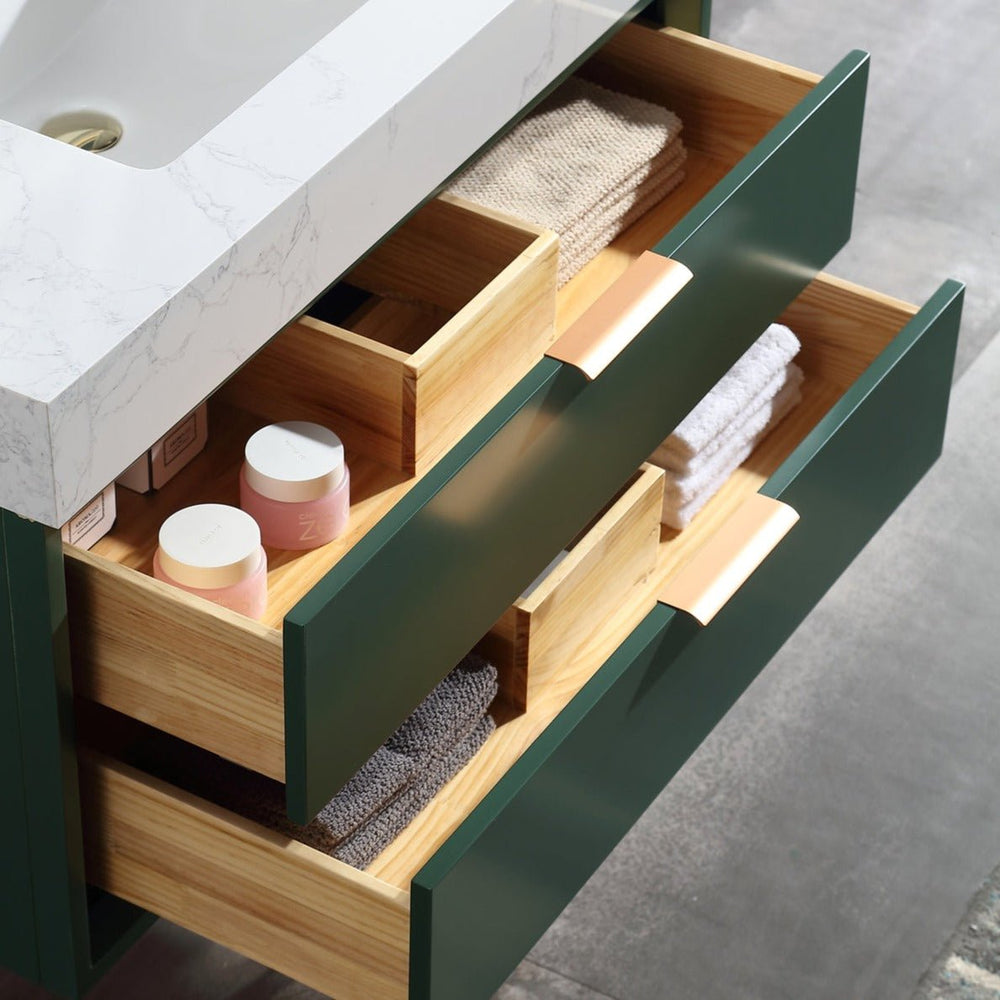 Glam 36" Green Modern Floating Bathroom Vanity Stone Slab Countertop