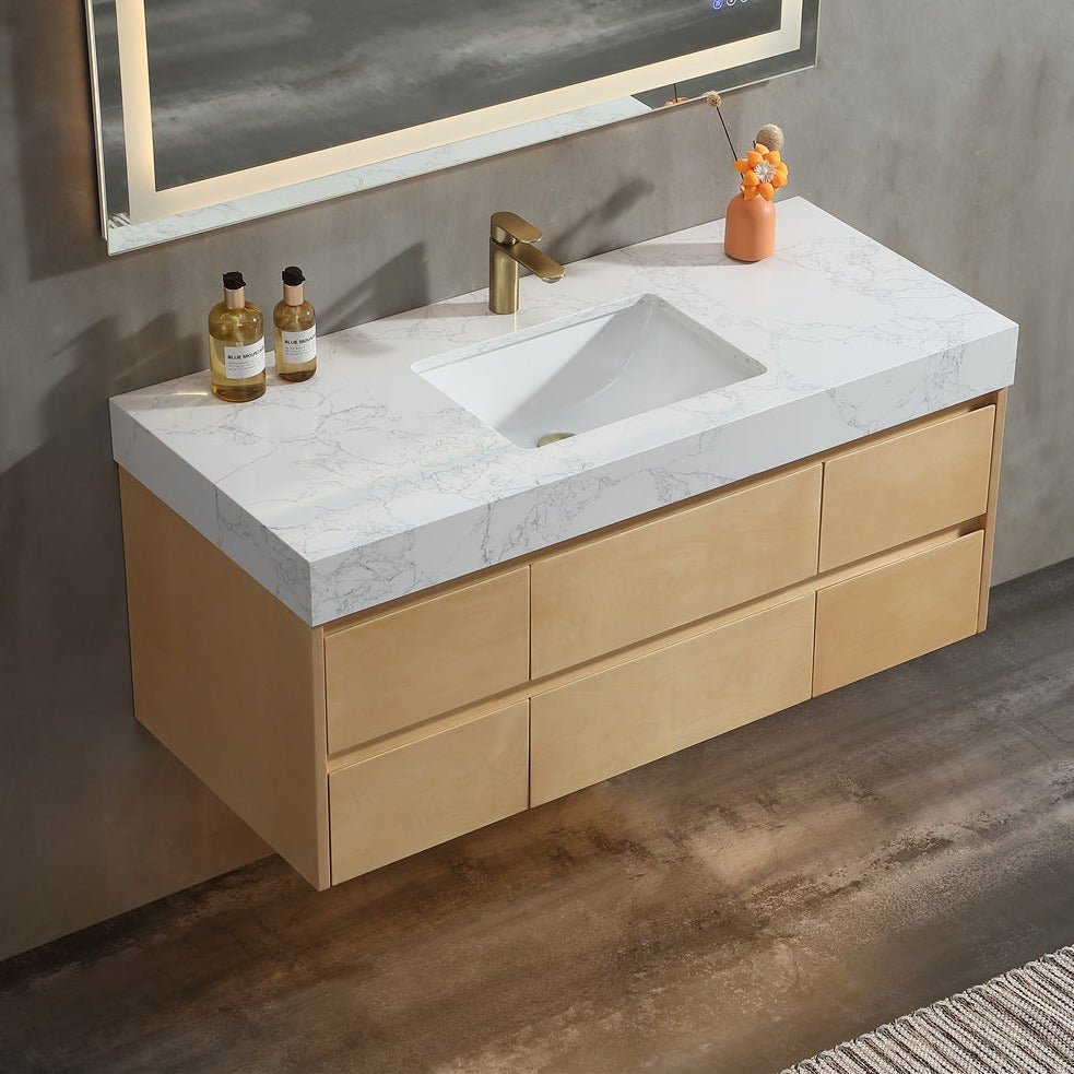 Maple Wood 48" Floating Vanity with Stone Countertop | Vanity Plus
